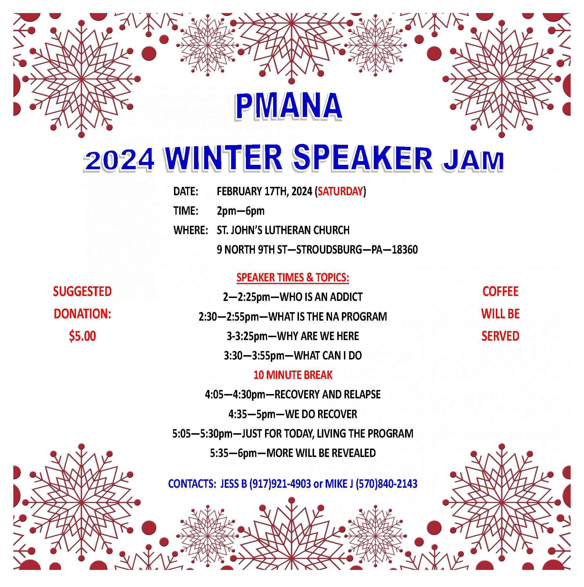 PMANA 2024 Winter Speaker Jam – Pocono Mountain Area of Narcotics Anonymous
